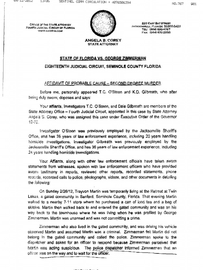 Zimmerman Affidavit of Probable Cause | PDF | Law Enforcement | Crime ...