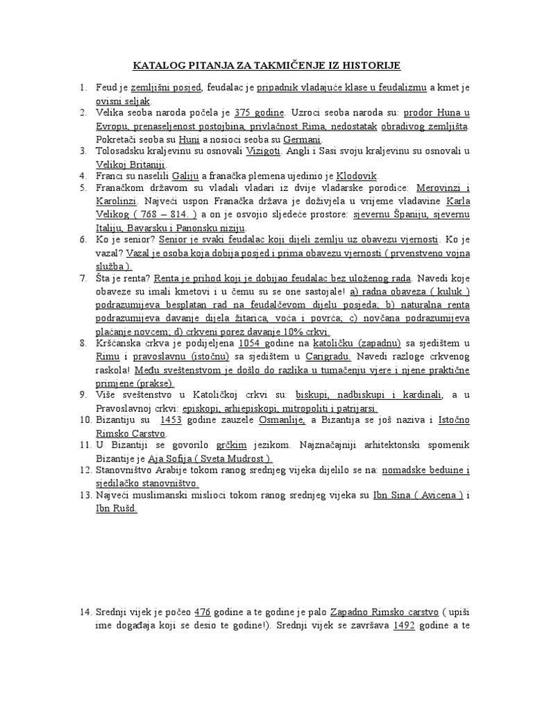 Katalog Pitanja Iz Historije - Za Takmicenje | PDF