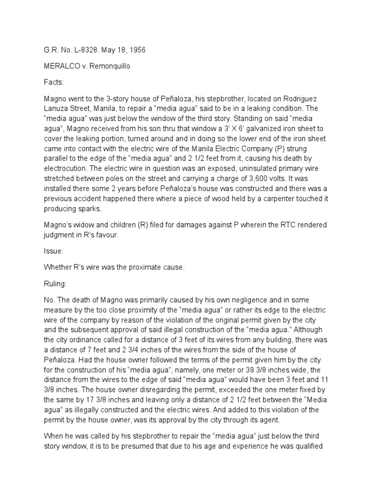 MERALCO v. Remonquilo Digest | PDF | Damages | Negligence