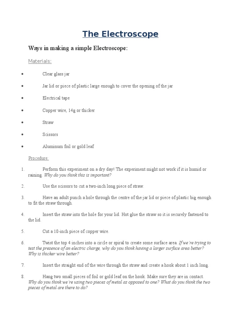 Build a Simple Electroscope Guide | PDF | Electric Charge | Electron