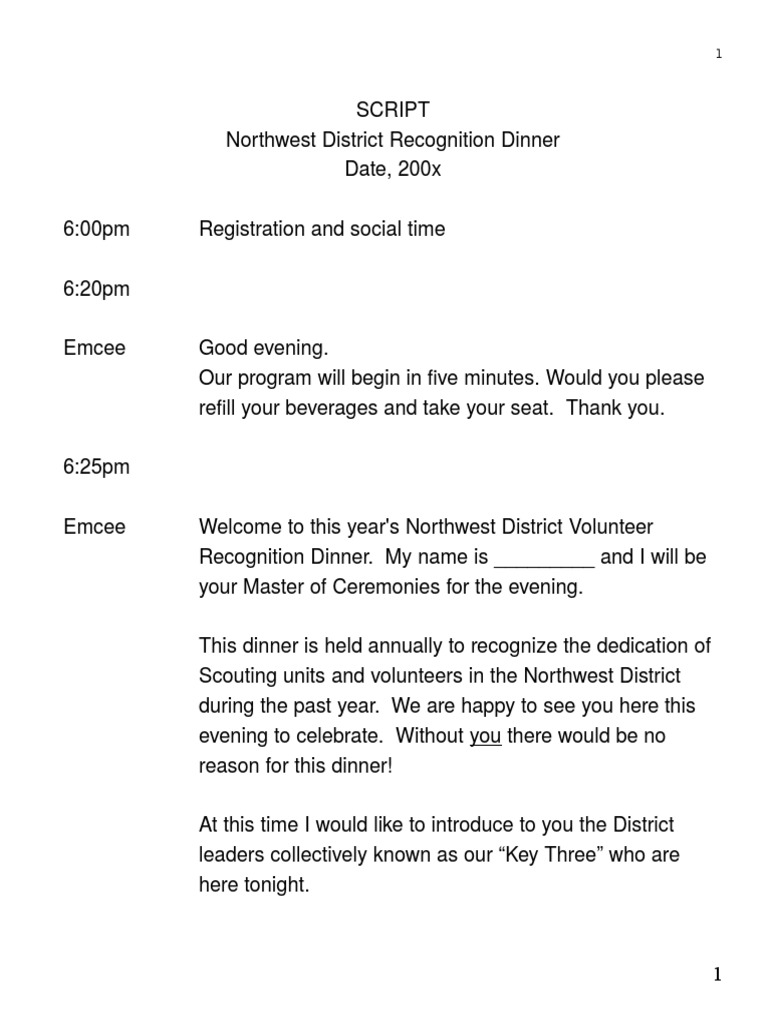 Northwest District Recognition Dinner Script | PDF | Career & Growth
