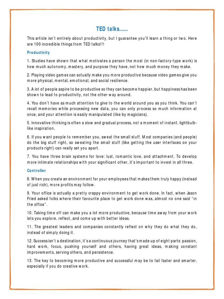 TED 100 Talks | PDF | Extraversion And Introversion | Creativity