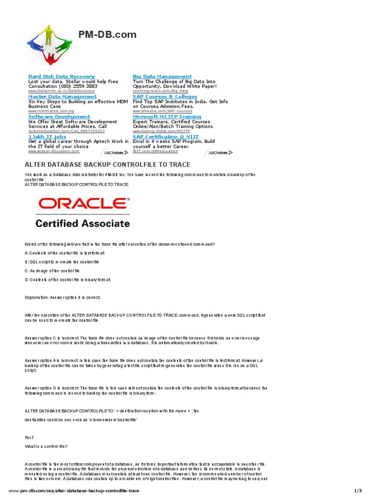 Alter Database Backup Controlfile To Trace - PM-DB PDF | PDF ...
