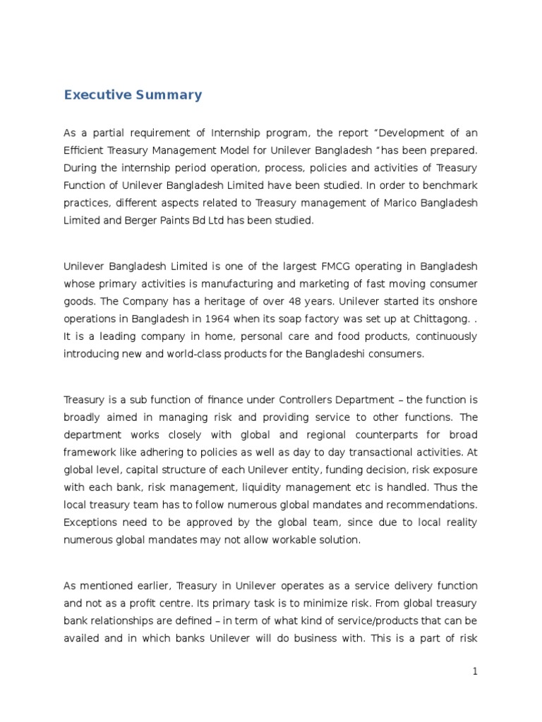 Internship On Unilever - Executive Summary | PDF | Credit (Finance) | Banks