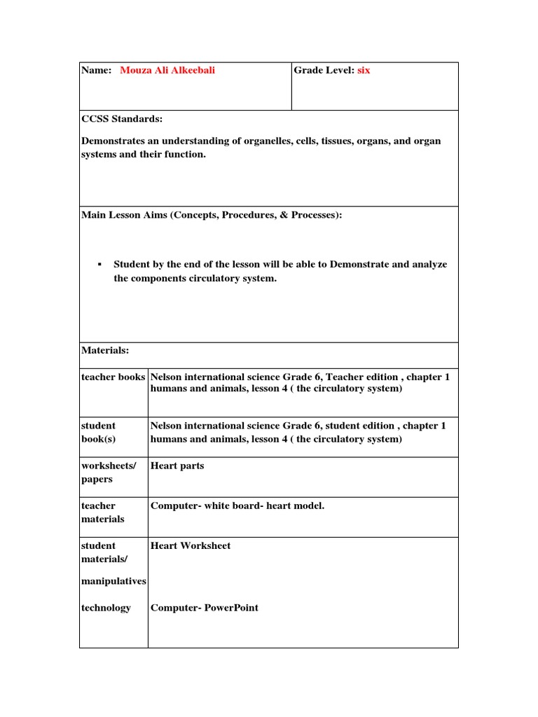 Lesson Plan Circulatory System 1 | PDF | Career & Growth | Language ...