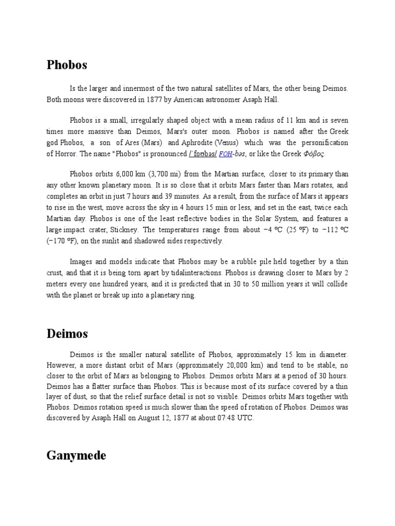Phobos: Natural Satellites Mars Deimos Asaph Hall | PDF | Moon | Jupiter