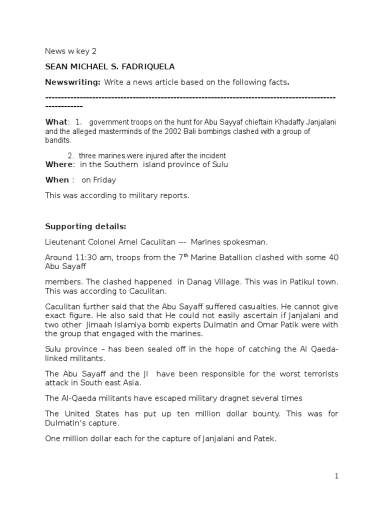 News Writing Exercises and Samples | PDF | National Security | Violence
