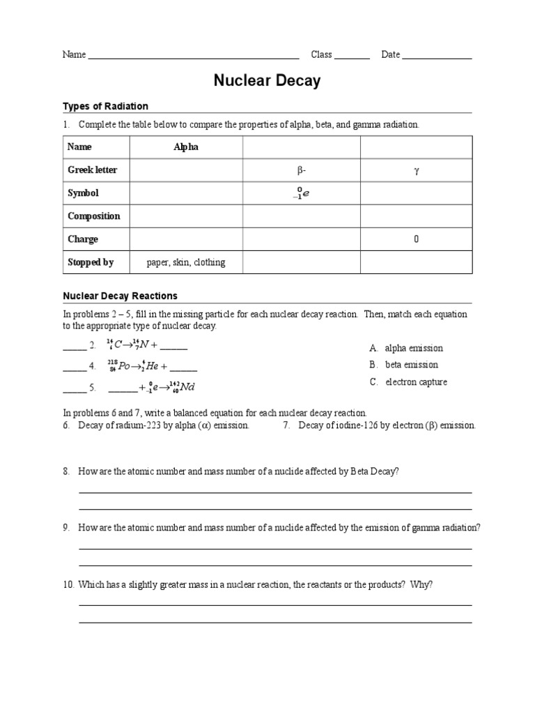 Worksheet - Nuclear Decay | PDF
