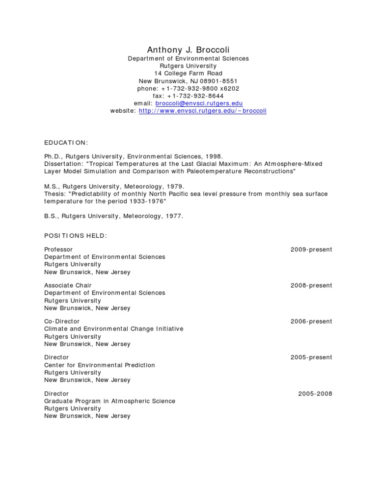 CV - Tony Broccoli | PDF | Global Warming | General Circulation Model
