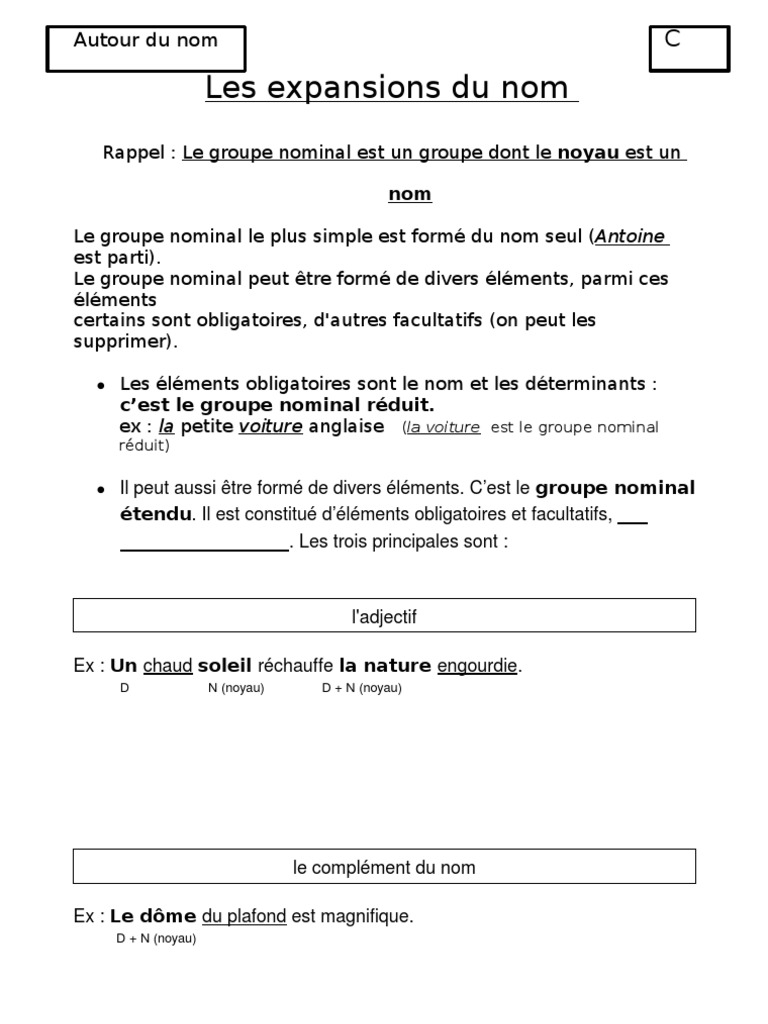 Expansions du nom : Guide et exercices | PDF