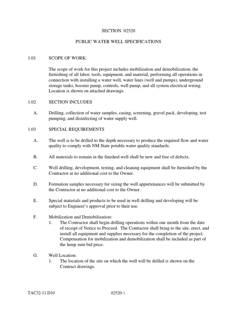 Public Water Well Installation Specs | PDF | Drinking Water | Drilling Rig