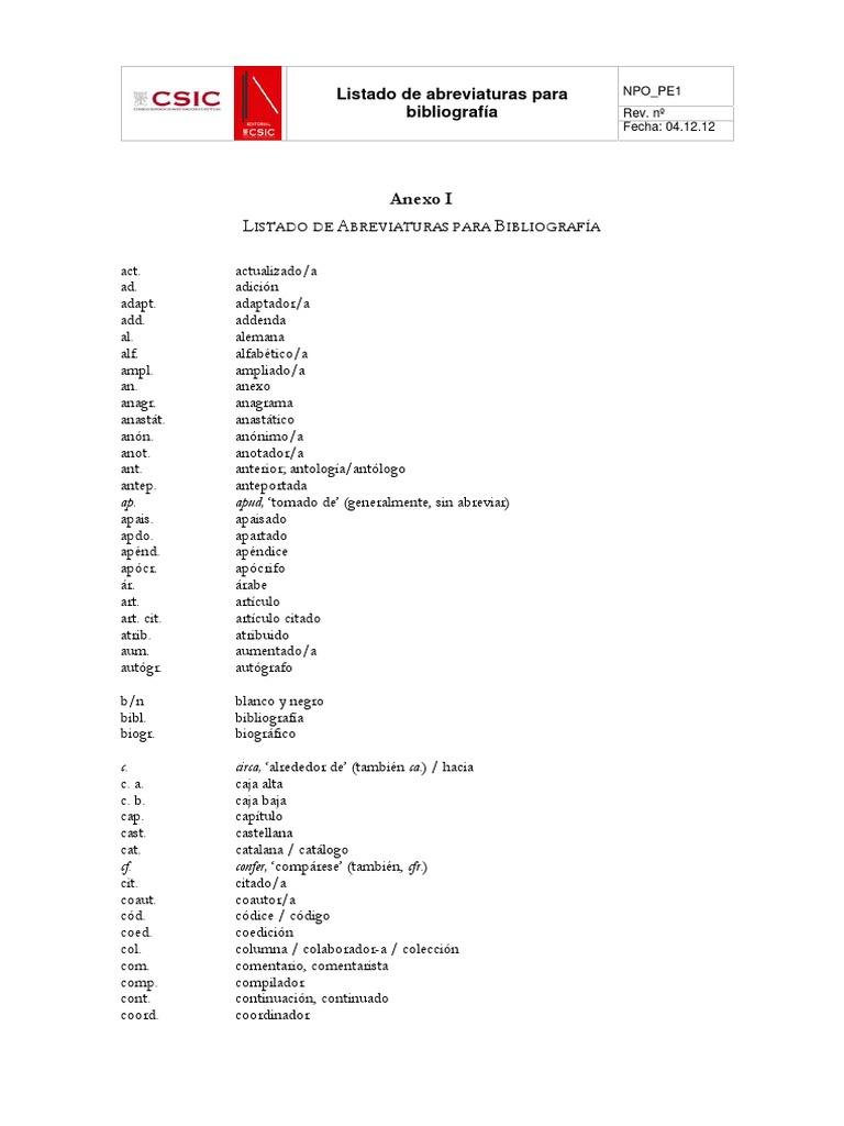 Lista de Abreviaturas | PDF | Publicación | Escritura
