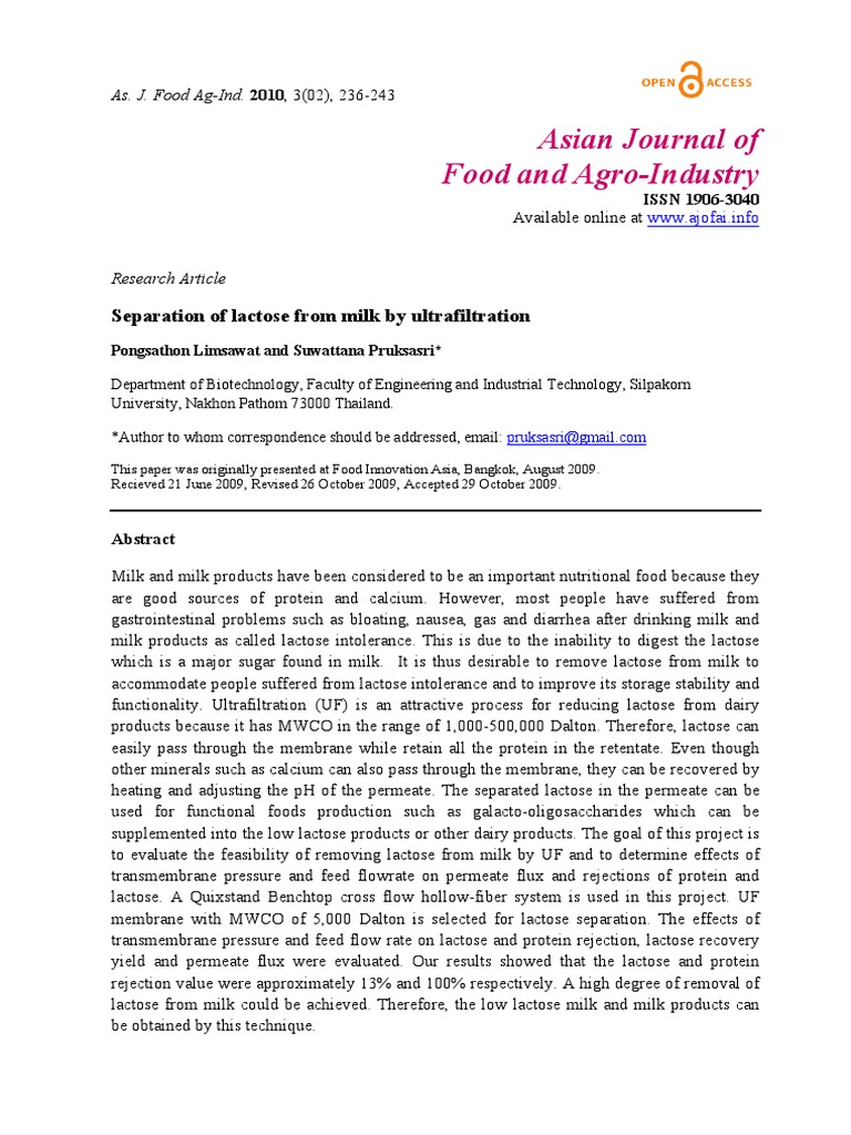 Separation of Lactose From Milk by Ultrafiltration | PDF | Membrane | Milk