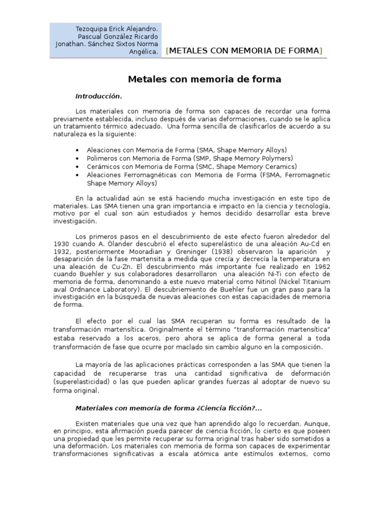Metales Con Memoria de Forma. | PDF | Aleación de memoria de forma | Rieles
