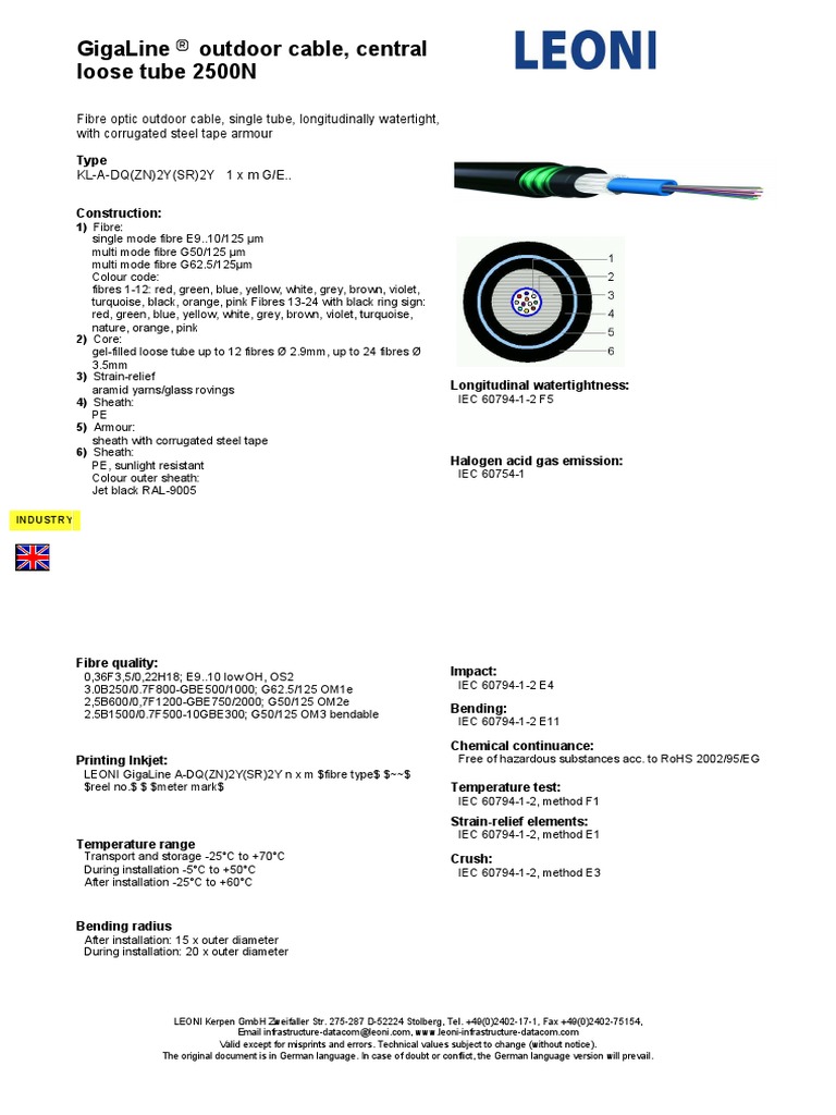 LeoniLeoni Gigaline Fiber Optics Cable Data Sheet | PDF | Optical Fiber ...