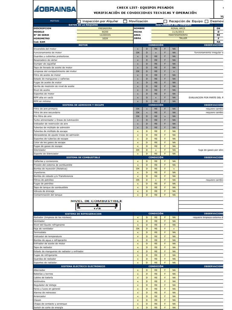 101 Check list - verificación equipo pesado.xls | Maquinas | Vehículos