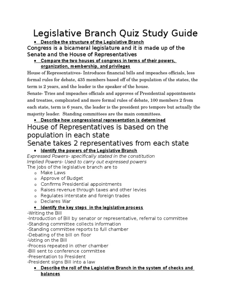 Legislative Branch Quiz Study Guide | PDF | United States Congress ...
