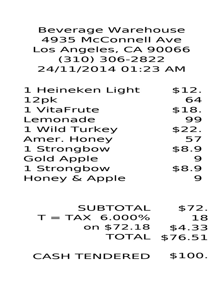 Beverage Purchase Receipt - Los Angeles | PDF