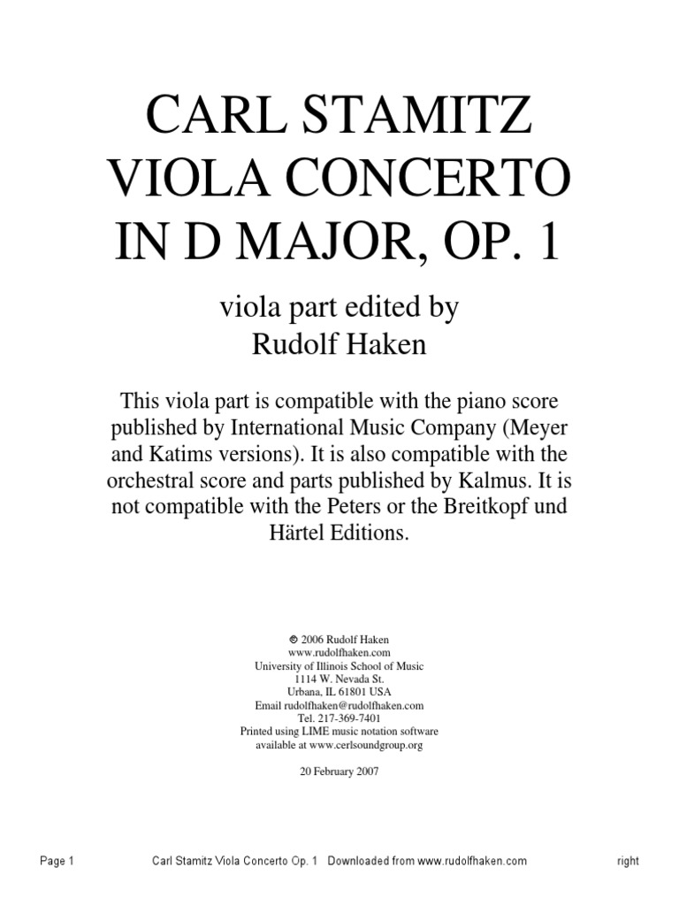 Stamitz Viola Concerto Solo (Viola Part Edited by Rudolf Haken) | PDF