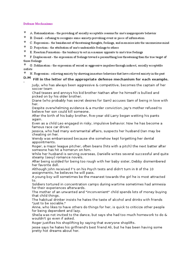Defense Mechanisms Exercise | PDF | Defence Mechanisms | Psychological ...