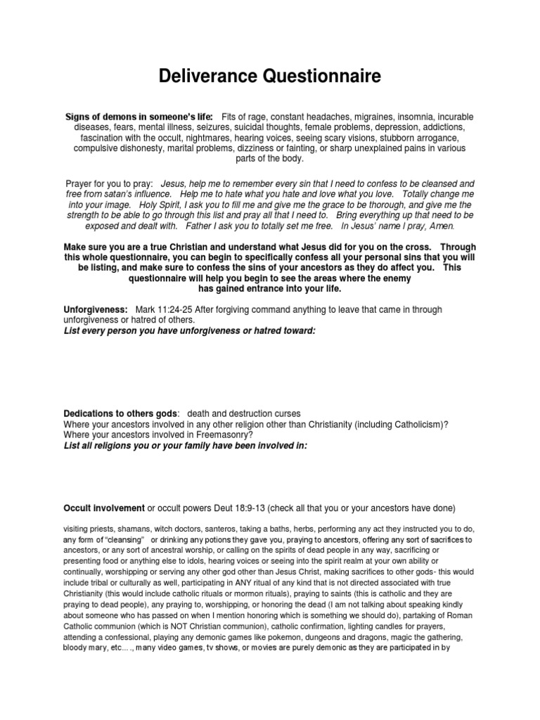 Deliverance Questionnaire | PDF | Demons | Prayer