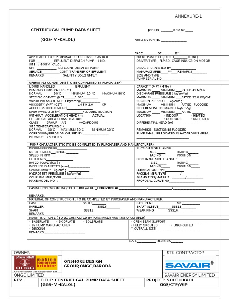 Centrifugal Pump Data Sheet GGS-V Kalol | PDF | Technology & Engineering