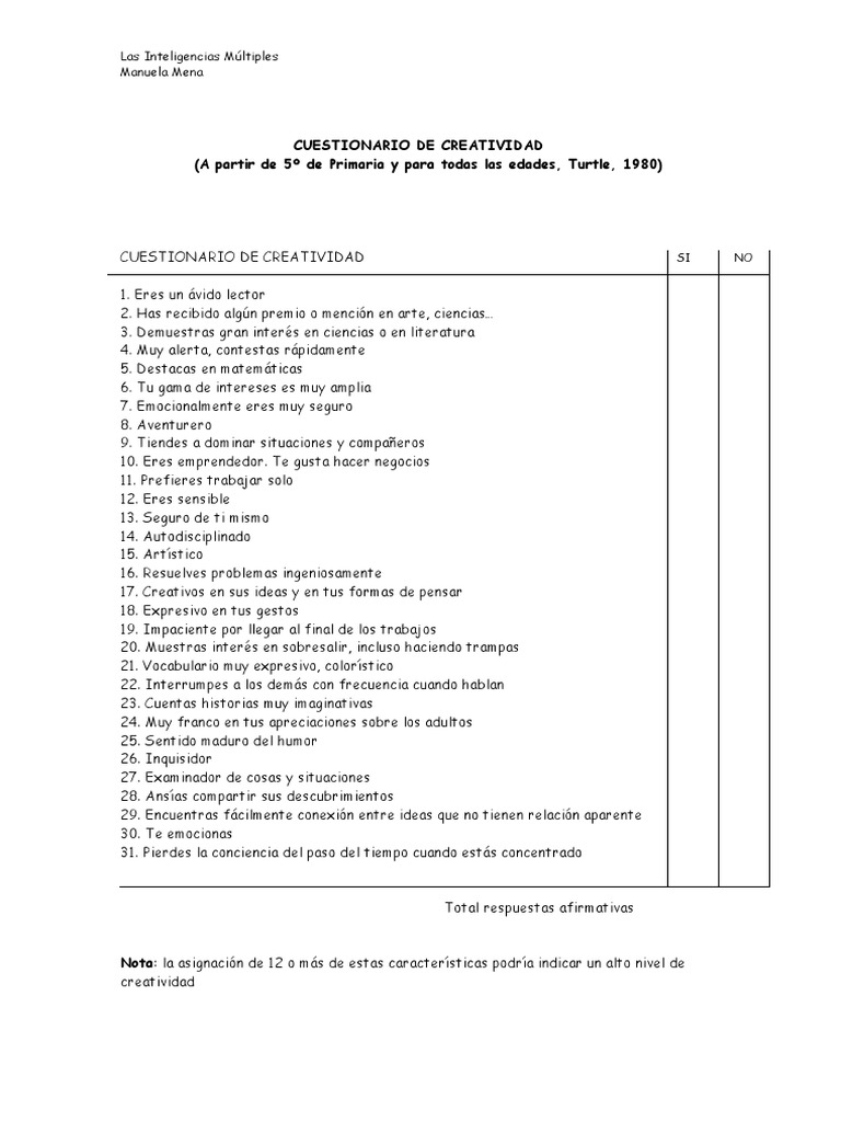 Cuestionario de Creatividad | PDF