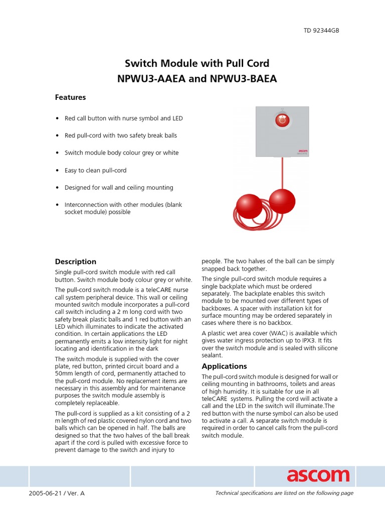 Nurse Call by ASCOM, Pull Cord Switch Module | PDF | Electrical ...