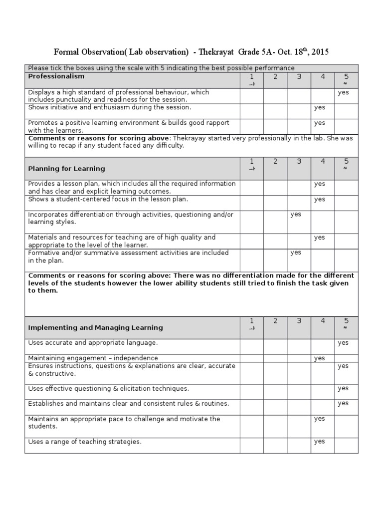 Formal Observation (Lab Observation) - Thekrayat Grade 5A-Oct. 18, 2015 ...
