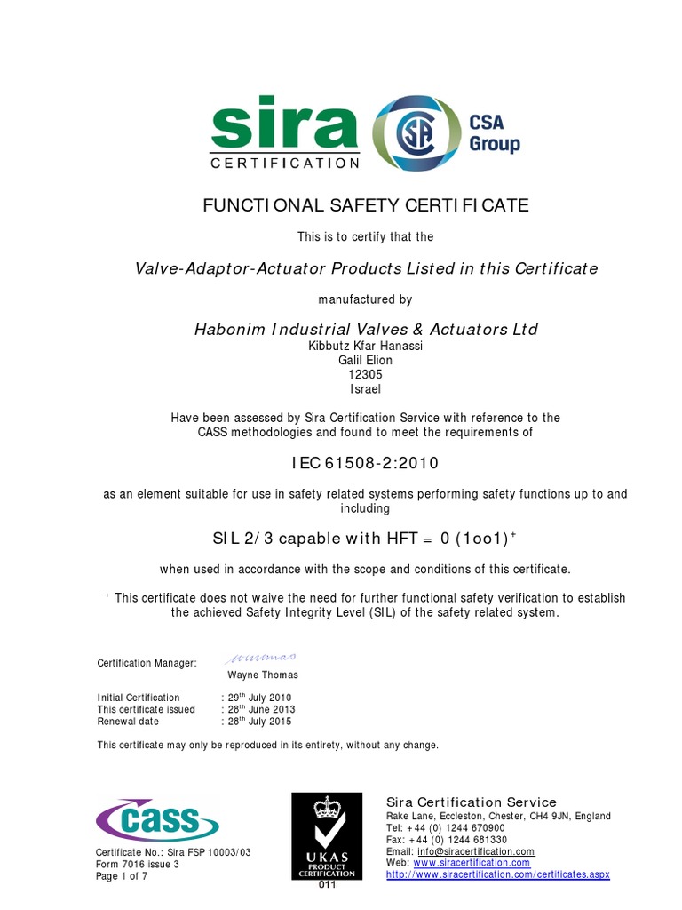 Habonim SIL Certification | Valve | Technology