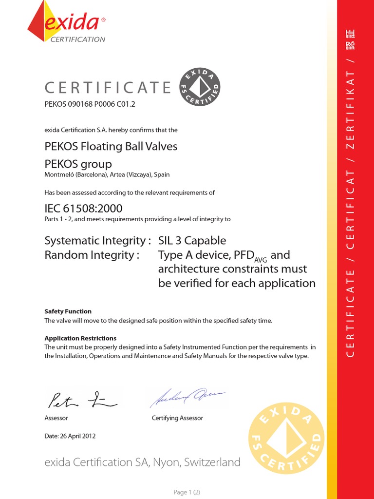 Sil Certificate (Iec61508) Pekos | Systems Engineering | Quality