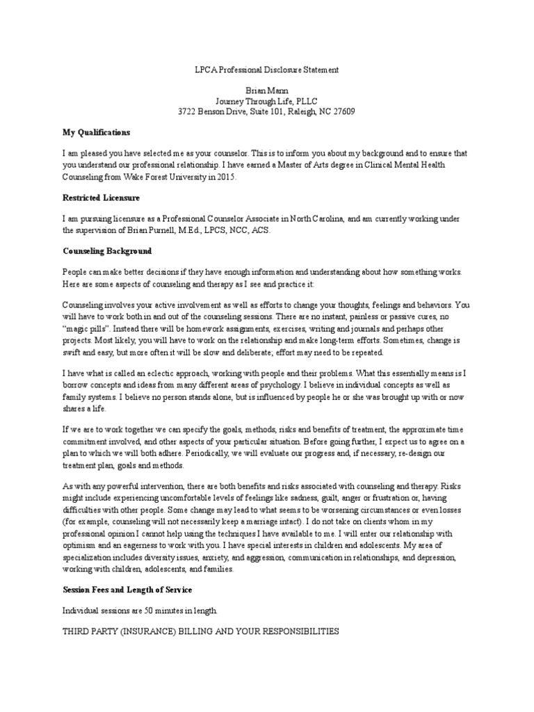 LPCA Disclosure & Counseling Terms | PDF | Psychotherapy | Insurance