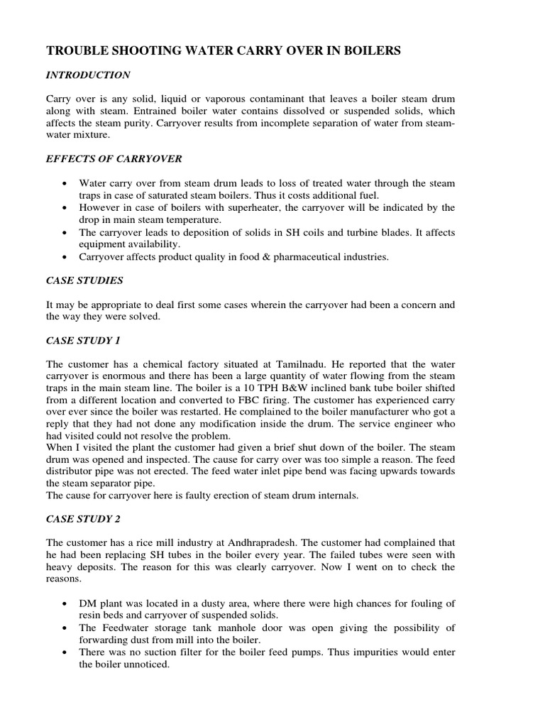 Trouble Shooting Water Carry Over in Boilers | PDF | Boiler | Steam