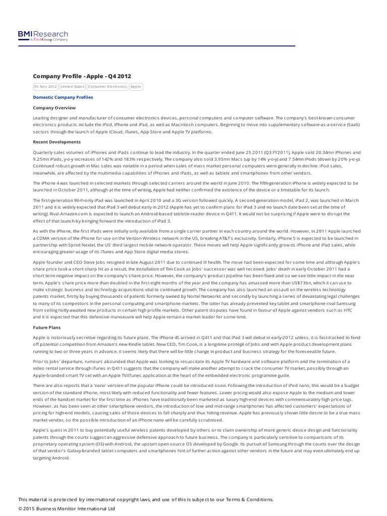 Company Profile - Apple - Q4 2012 | PDF | Apple Inc. | I Pad