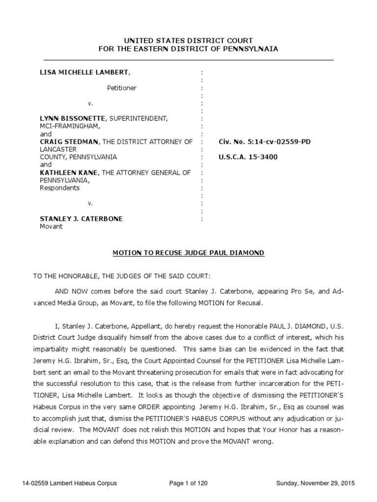 14-02259 Lambert Habeus MOTION To Recuse Judge Paul Diamond November 29 ...