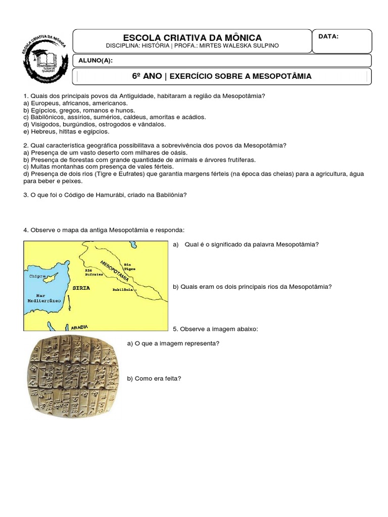Exercício Sobre a Mesopotâmia | Mesopotâmia | Babilônia