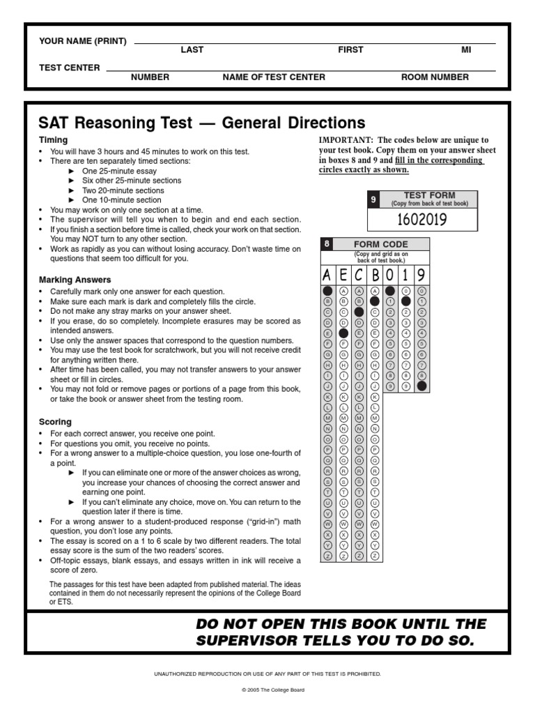 SAT Reasoning Test - General Directions: Do Not Open This Book Until ...