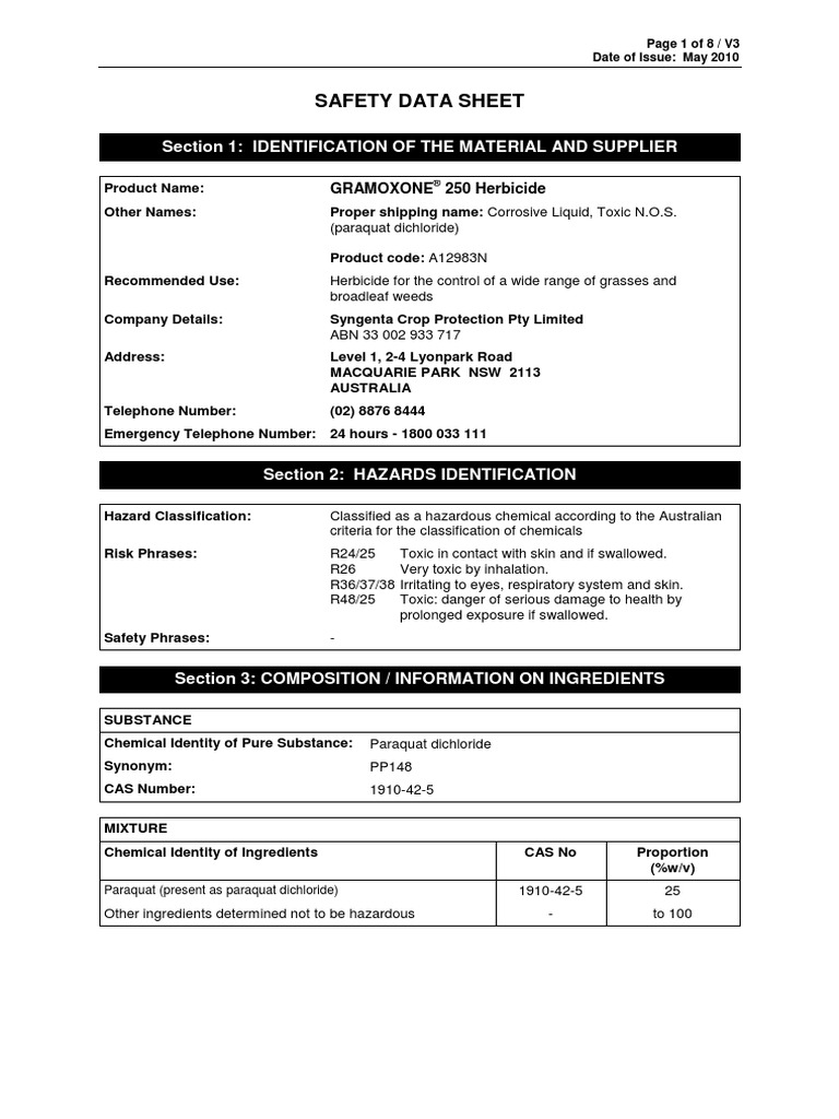 Gramoxone 250 Herbicide Msds | Toxicity | Herbicide