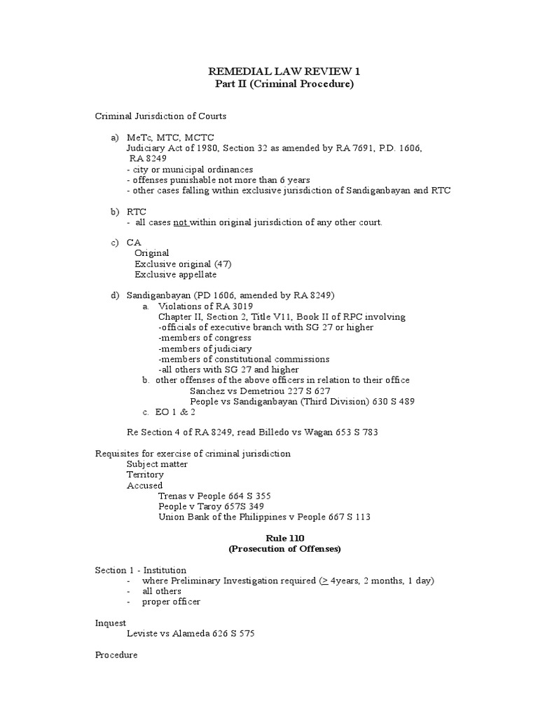 Remedial Law Rev 1 Part II Outline | PDF | Plea | Prosecutor