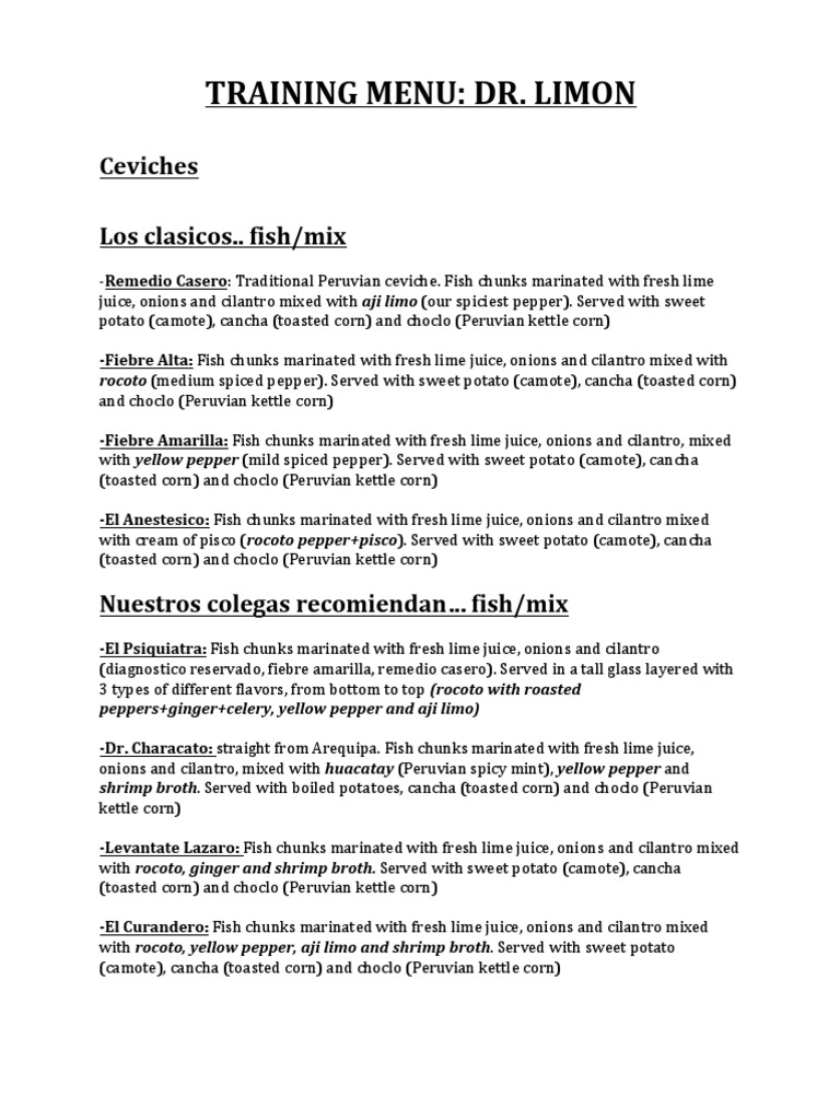 Training Menu For Peruvian Restaurant | PDF | Food And Drink ...