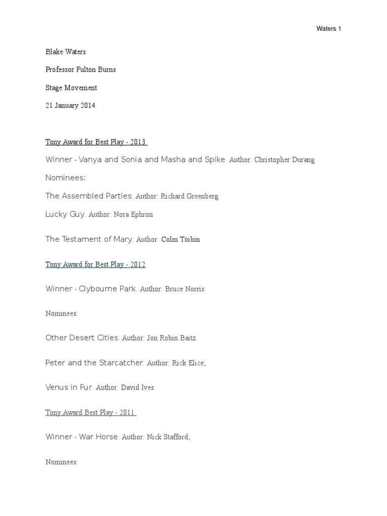 Major Play Awards 2009-2013 | PDF | Broadway Theatre | Touring Theatre