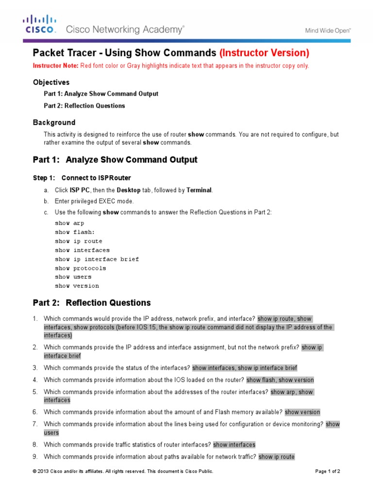 11.3.3.4 Packet Tracer - Using Show Commands Instructions IG | PDF | Ip ...