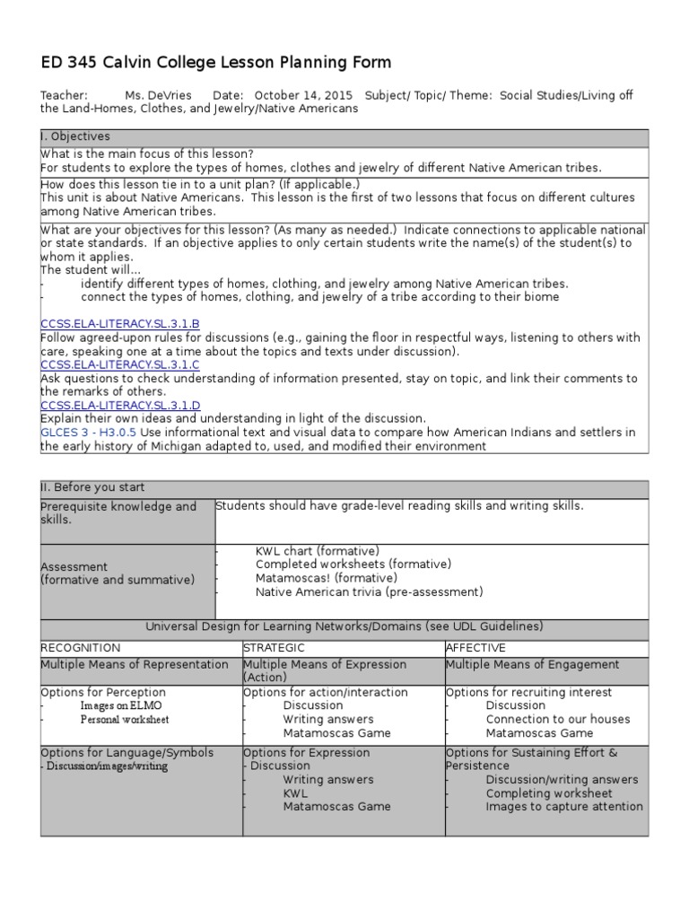 ED 345 Calvin College Lesson Planning Form: Ccss - Ela-Literacy - Sl.3. ...