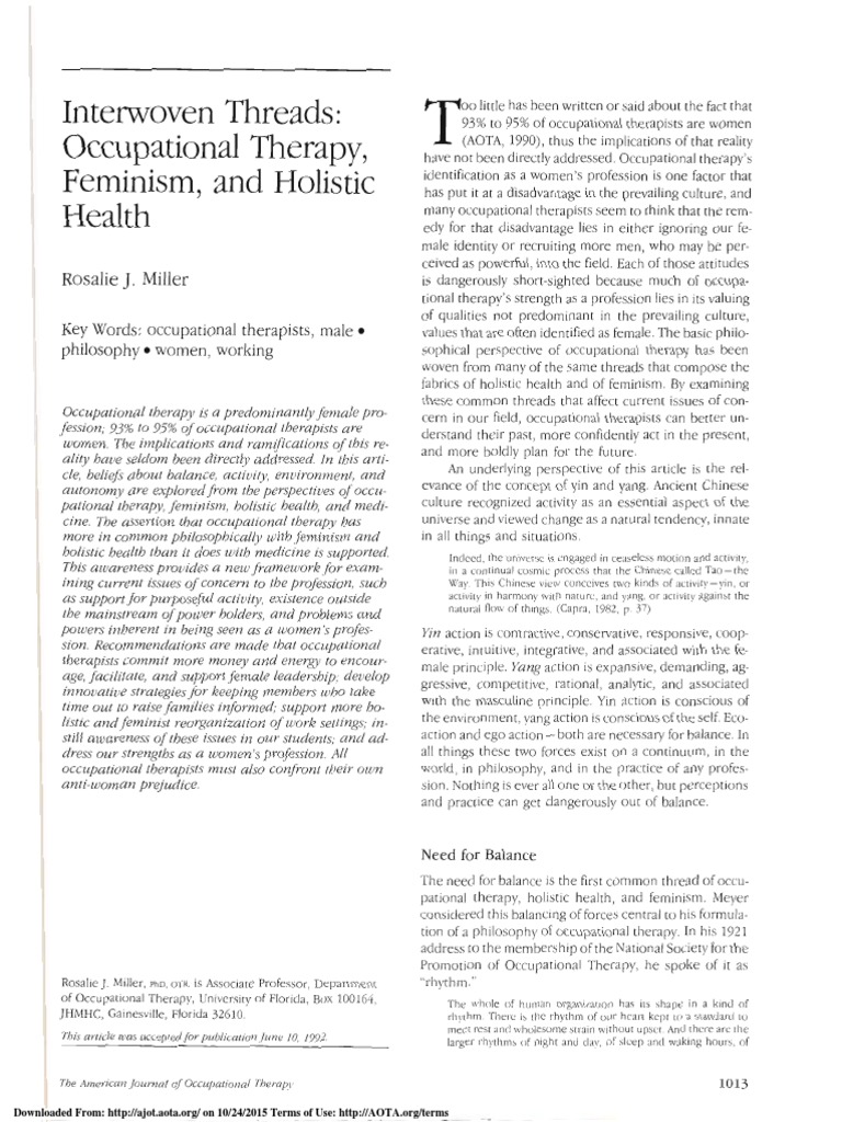 Interwoven Threads: Occupational Therapy, Feminism, and Holistic Health ...