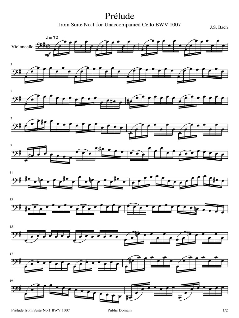 Prélude Cello Suite No. 1 in G Major, BWV 1007 J S Bach Sheet Music | PDF