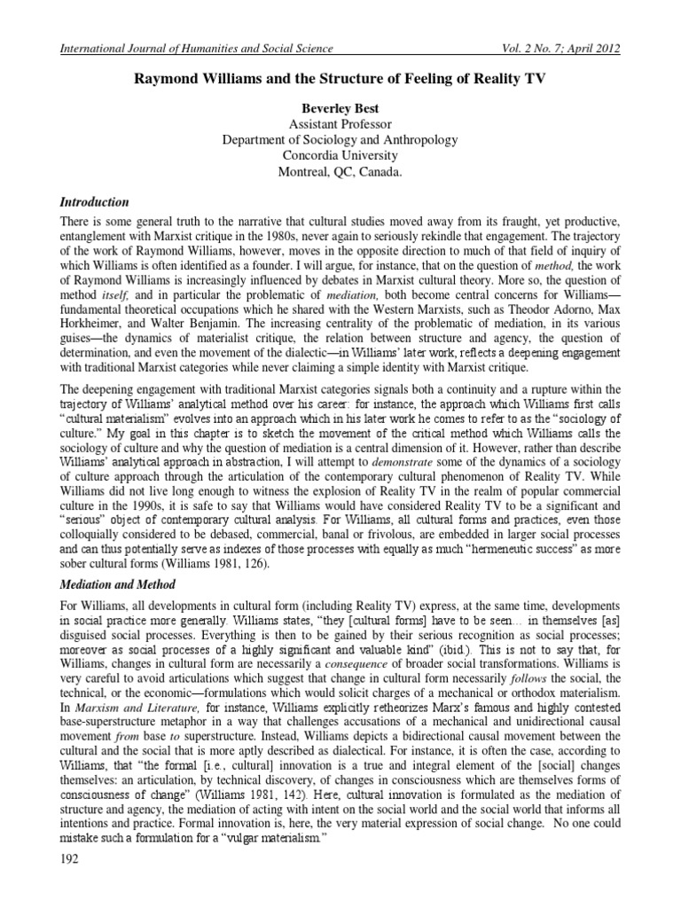 Beverly Best Raymond Williams Structure of Feelings | PDF | Reality ...