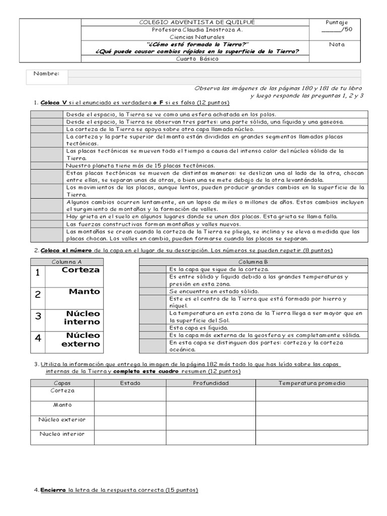 Formación y cambios de la Tierra en 4º Básico | PDF | Placas tectónicas ...