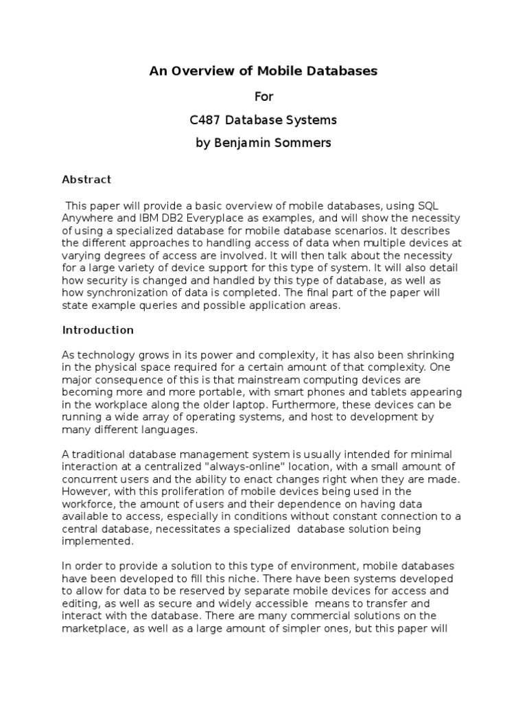 An Overview of Mobile Databases | PDF | Mobile Device | Databases