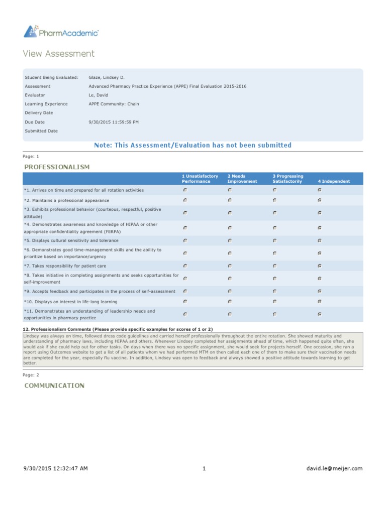 Advanced Pharmacy Practice Experience (APPE) Final Evaluation 2015-2016 ...