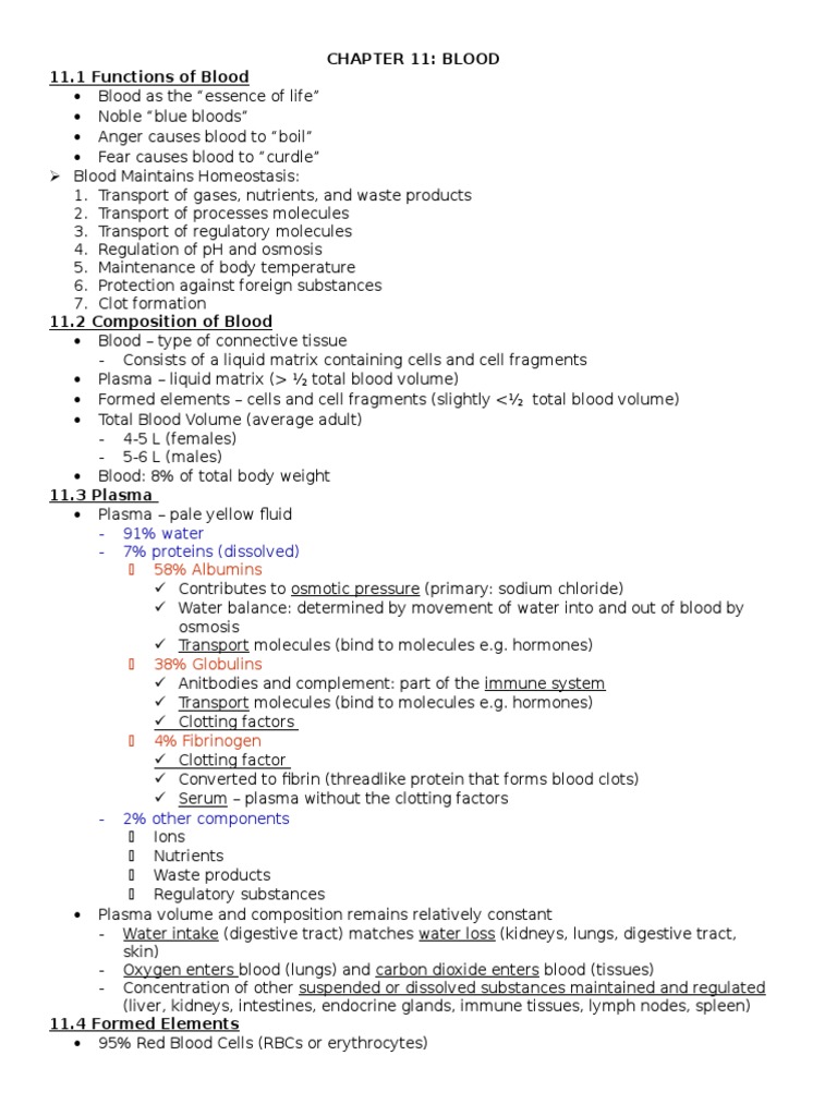 Chapter 11: Blood 11.1 Functions of Blood: - 91% Water - 7% Proteins ...